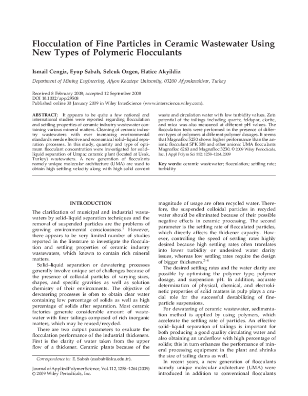 (PDF) Flocculation of fine particles in ceramic wastewater using new ...