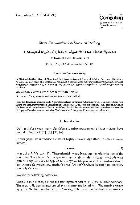 Pdf A Minimal Residual Class Of Algorithms For Linear Systems Ivor
