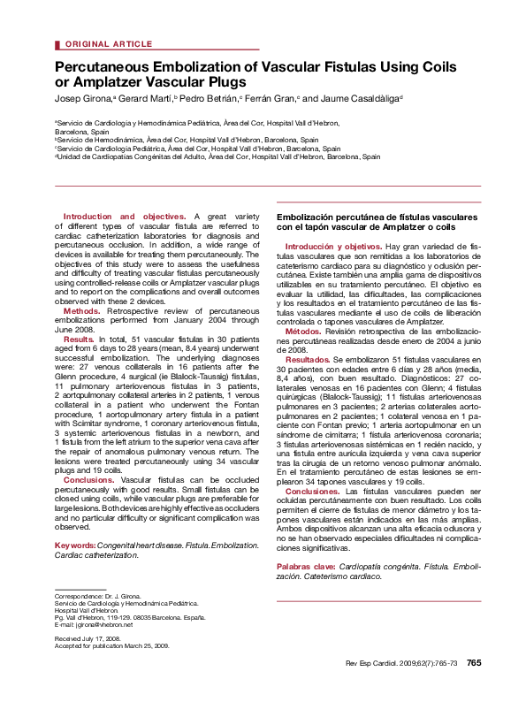 (PDF) Percutaneous Embolization of Vascular Fistulas Using Coils or ...