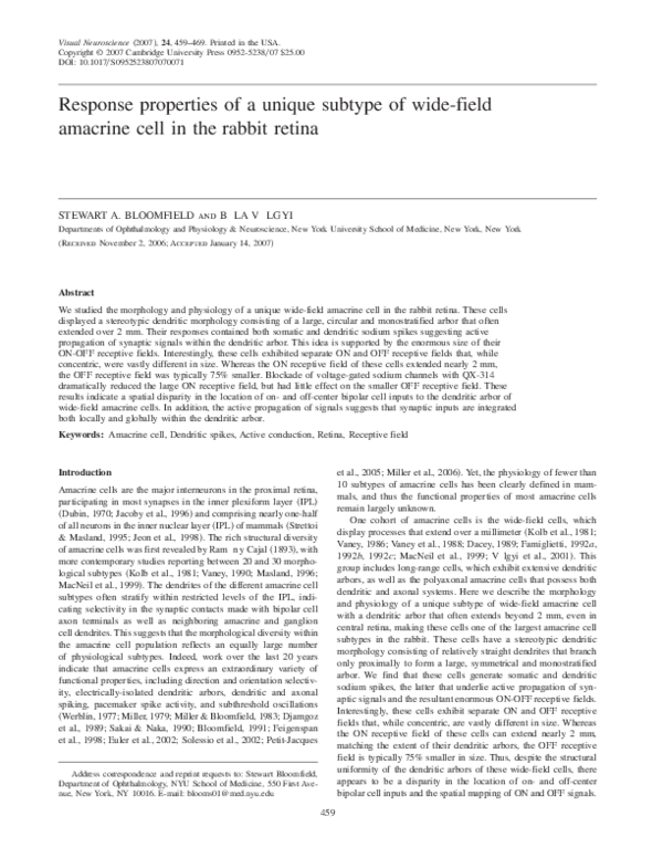 (PDF) Response properties of a unique subtype of wide-field amacrine cell in the rabbit retina