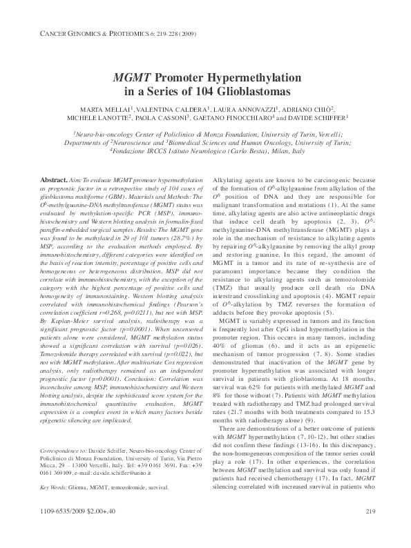 (PDF) MGMT promoter hypermethylation in a series of 104 glioblastomas
