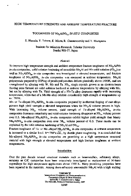 Pdf High Temperature Strength And Ambient Temperature Fracture Toughness Of Nb 3 Al Nbss In