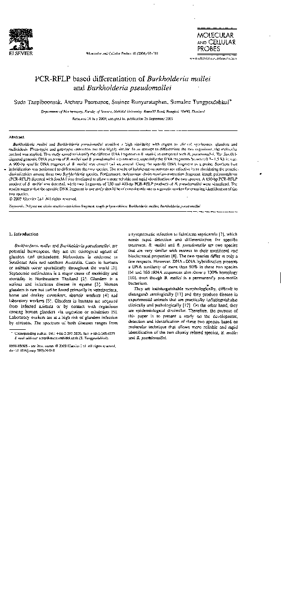 (PDF) PCR-RFLP based differentiation of Burkholderia mallei and ...
