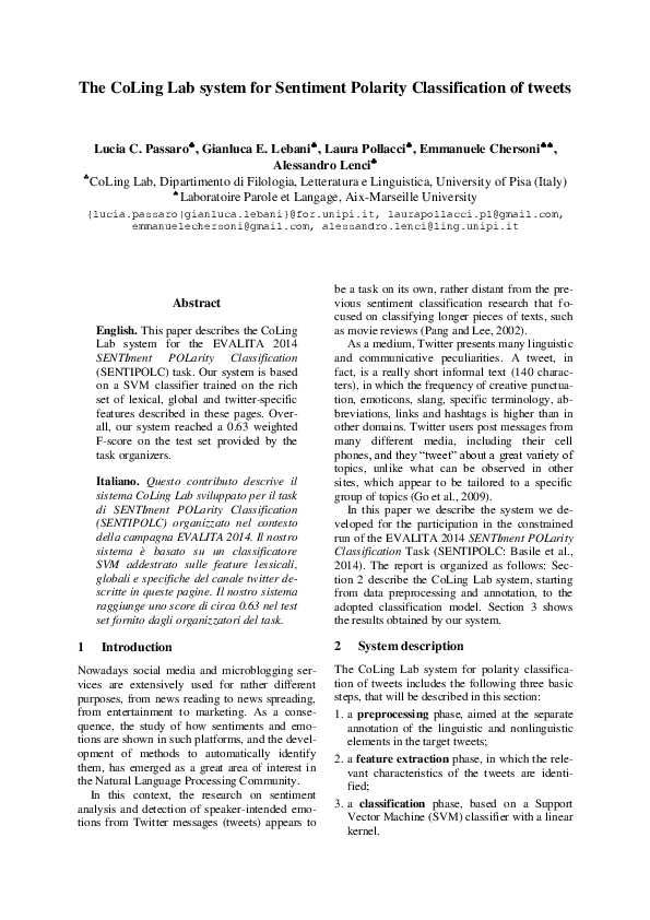 (PDF) The CoLing Lab system for Sentiment Polarity Classification of tweets