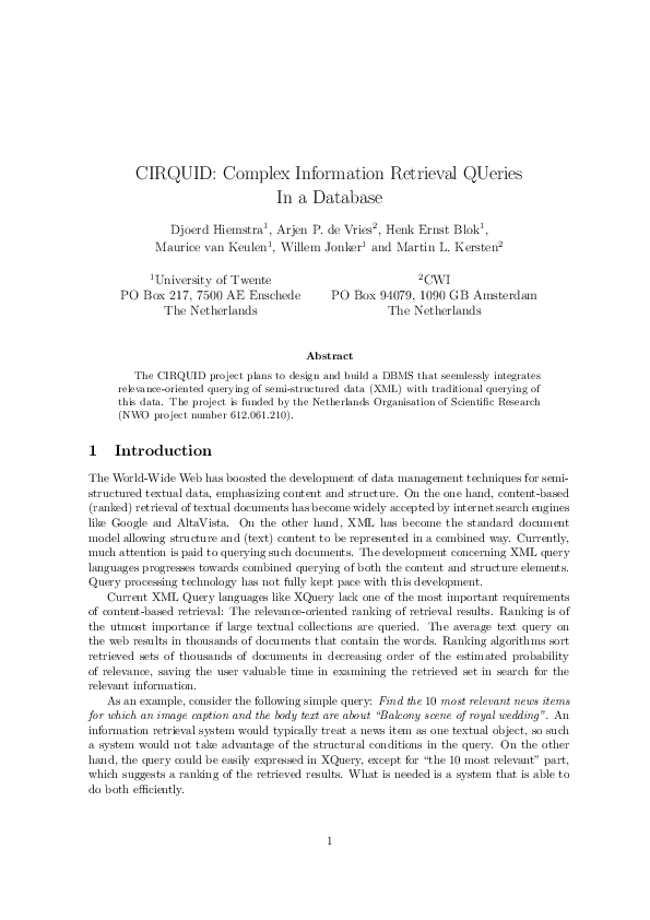 (PDF) CIRQUID: Complex information retrieval queries in a database