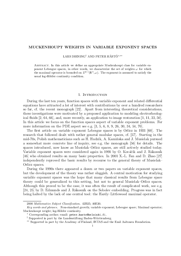(PDF) Muckenhoupt weights in variable exponent spaces
