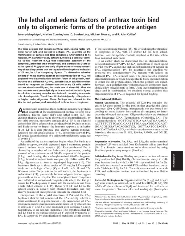 (PDF) The lethal and edema factors of anthrax toxin bind only to ...