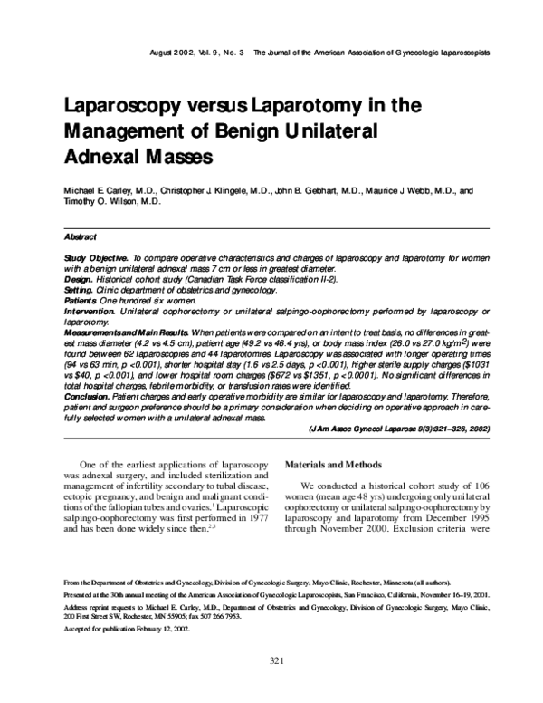(PDF) Laparoscopy versus Laparotomy in the Management of Benign Unilateral Adnexal Masses