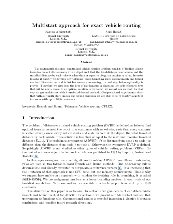 (PDF) Multistart approach for exact vehicle routing