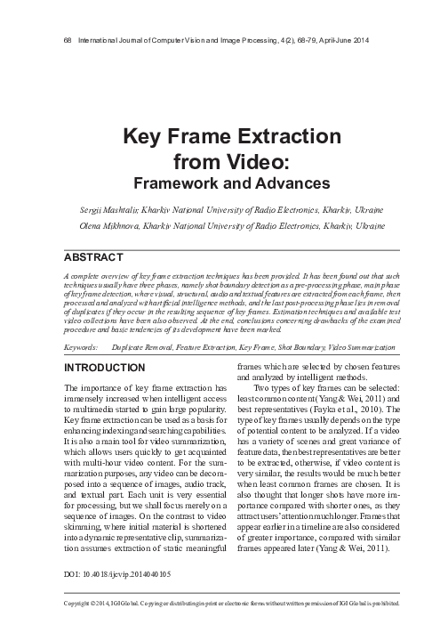 (PDF) Key Frame Extraction from Video Framework and Advances