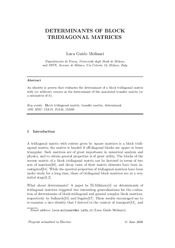 (PDF) Determinants of block tridiagonal matrices