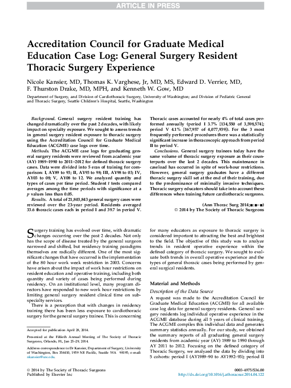 (PDF) Changes in Thoracic Surgery Experience During General Surgery ...