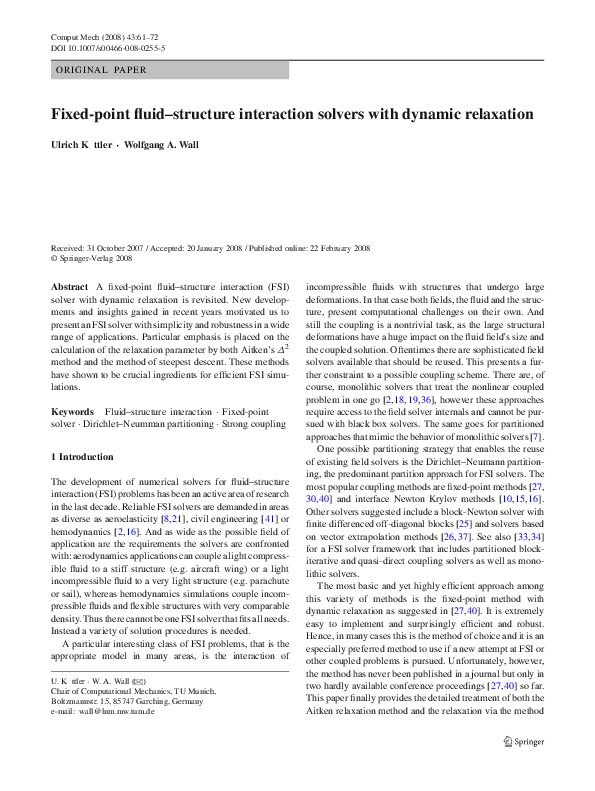 Pdf Fixed Point Fluid Structure Interaction Solvers With Dynamic