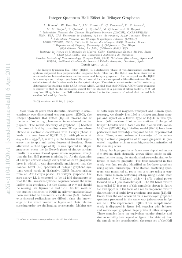 (PDF) Integer Quantum Hall Effect in Trilayer Graphene