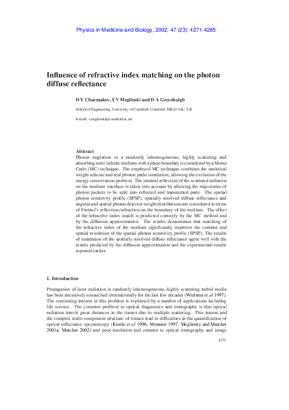 (PDF) Refractive Index Matching Enhances Photon Diffuse Reflectance