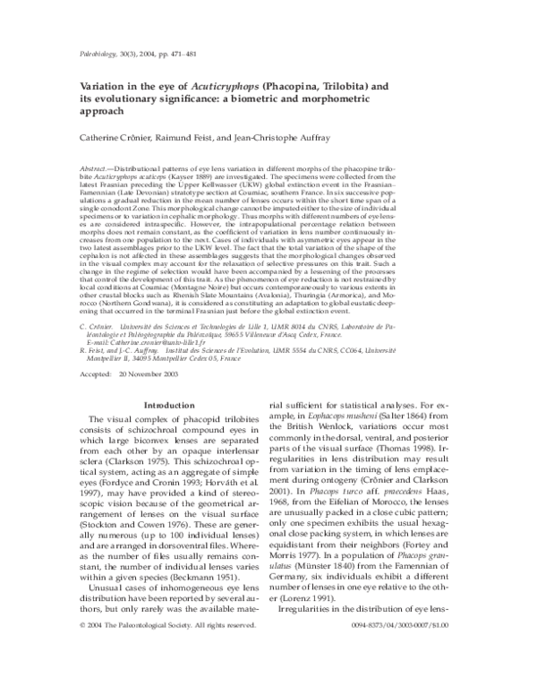 (PDF) Variation in the eye of Acuticryphops (Phacopina, Trilobita) and ...