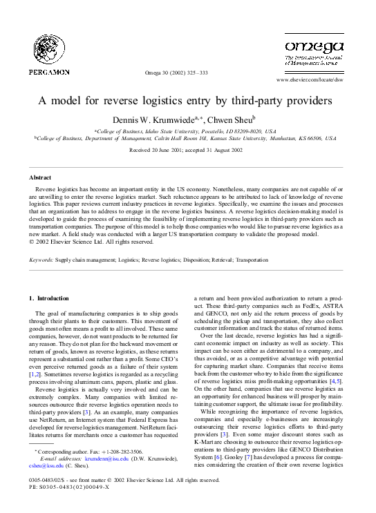(PDF) A model for reverse logistics entry by third-party providers