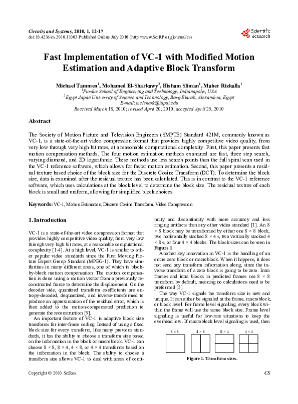 (PDF) Fast Implementation of VC-1 with Modified Motion Estimation and Adaptive Block Transform