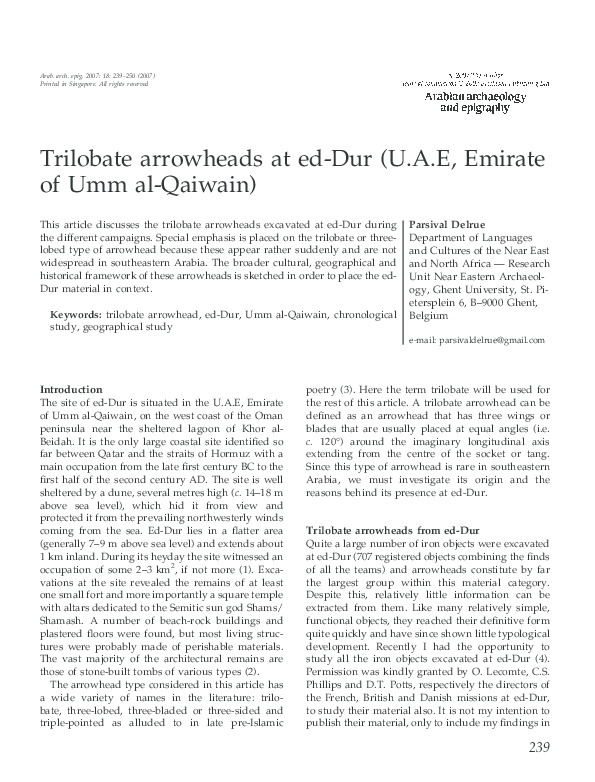 (PDF) Trilobate arrowheads at ed-Dur (U.A.E, Emirate of Umm al-Qaiwain)