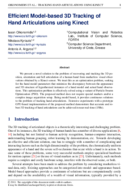(PDF) Efficient model-based 3D tracking of hand articulations using Kinect | Nikolaos Kyriazis ...