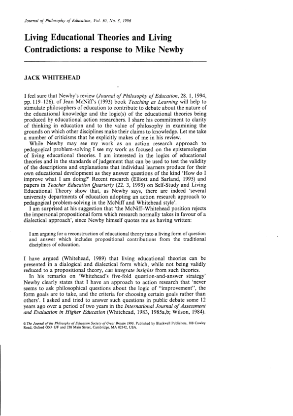 (PDF) Living Educational Theories and Living Contradictions: a response ...