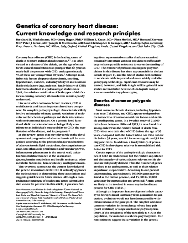 (PDF) Genetics of coronary heart disease: Current knowledge and ...