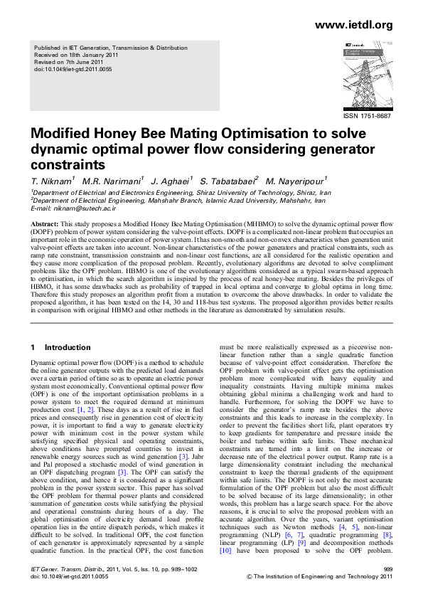 (PDF) Modified Honey Bee Mating Optimisation to solve dynamic optimal power flow considering ...