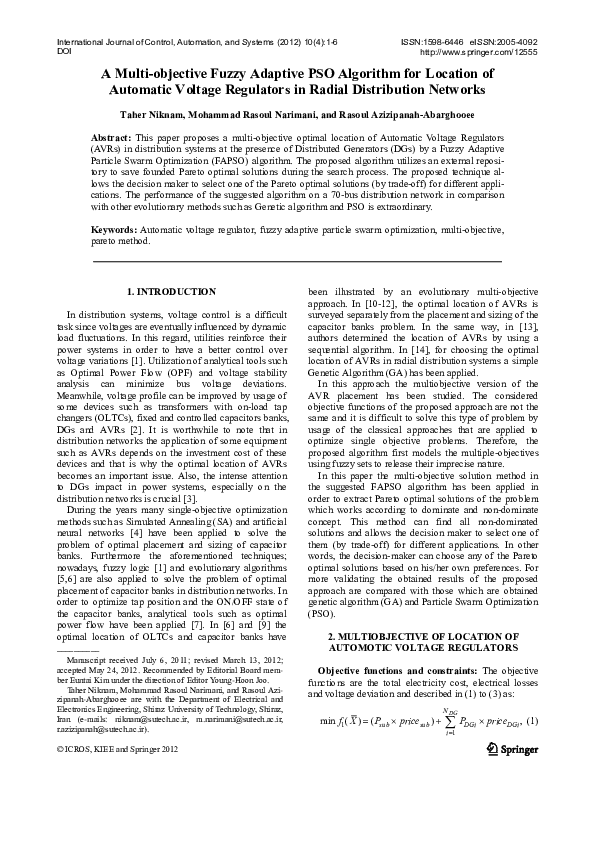 Pdf A Multi Objective Fuzzy Adaptive Pso Algorithm For Location Of Automatic Voltage