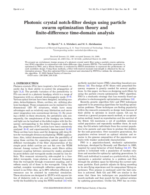 (PDF) Photonic crystal notch-filter design using particle swarm optimization theory and finite ...