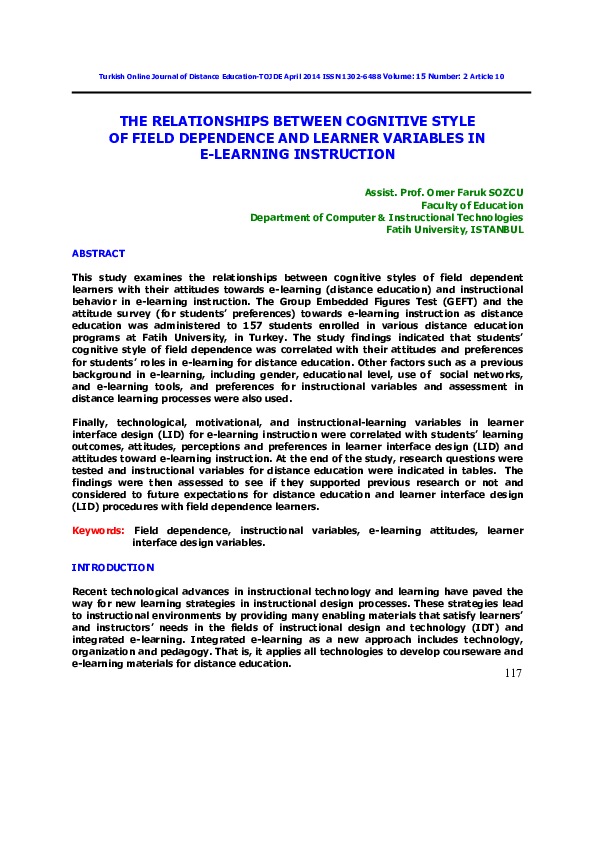 (PDF) The Relationships Between Cognitive Style Of Field Dependence And ...