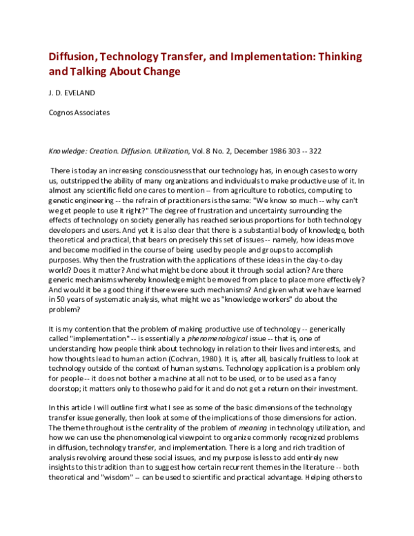 Diffusion, technology transfer, and implementation