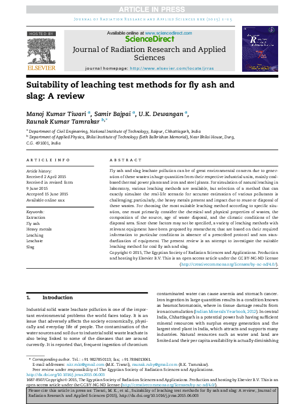 (PDF) Suitability of leaching test methods for fly ash and slag: A review
