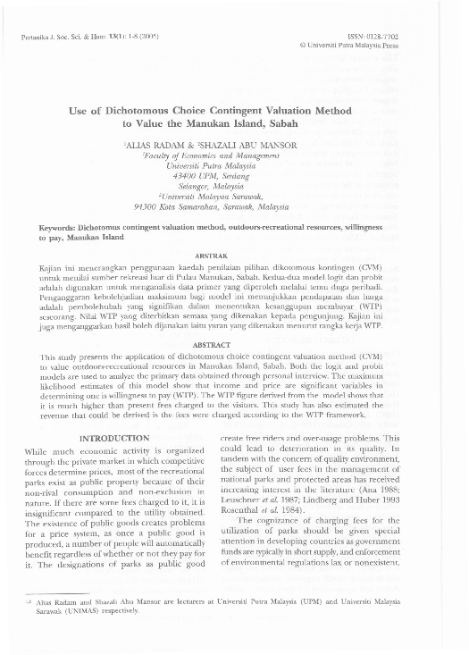 (PDF) Use of Dichotomous Choice Contingent Valuation Method to Value ...