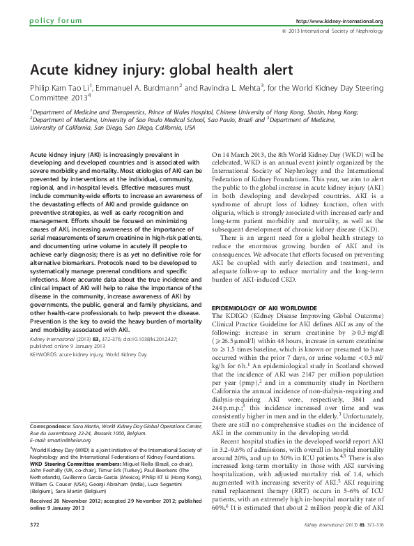 (PDF) Acute Kidney Injury: Global Health Alert