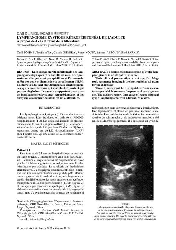 (PDF) LYMPHANGIOME KYSTIQUE RÉTROPÉRITONÉAL DE L'ADULTE