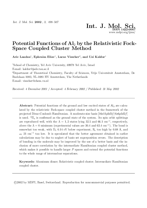 (PDF) Potential Functions of Al2 by the Relativistic Fock-Space Coupled Cluster Method