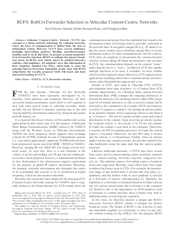 Pdf Rufs Robust Forwarder Selection In Vehicular Content Centric Networks