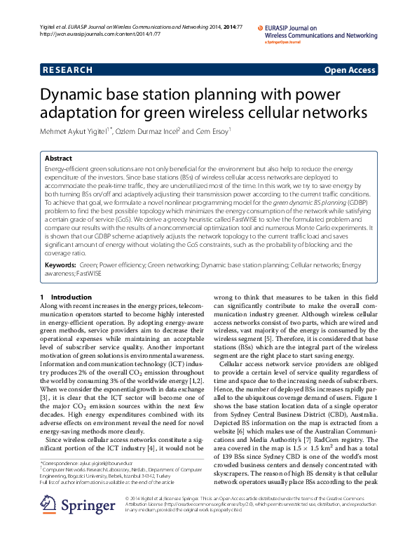 (PDF) Dynamic base station planning with power adaptation for green wireless cellular networks