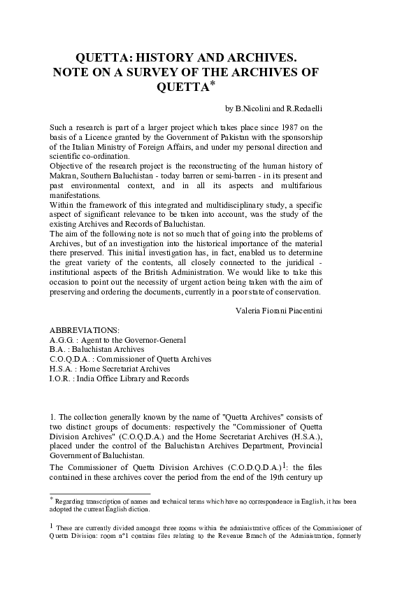 (PDF) Quetta: history and archives. Note of a Survey of the archives of ...