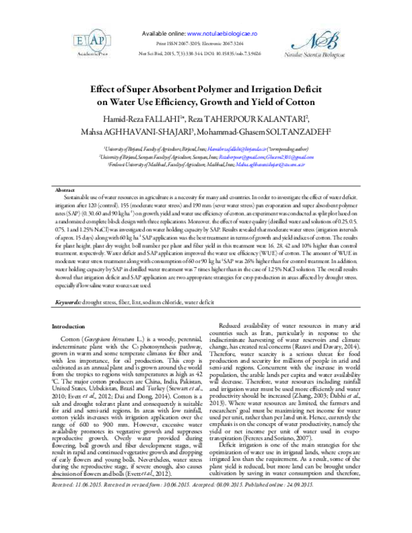 (PDF) Effect of Super Absorbent Polymer and Irrigation Deficit on Water Use Efficiency, Growth ...