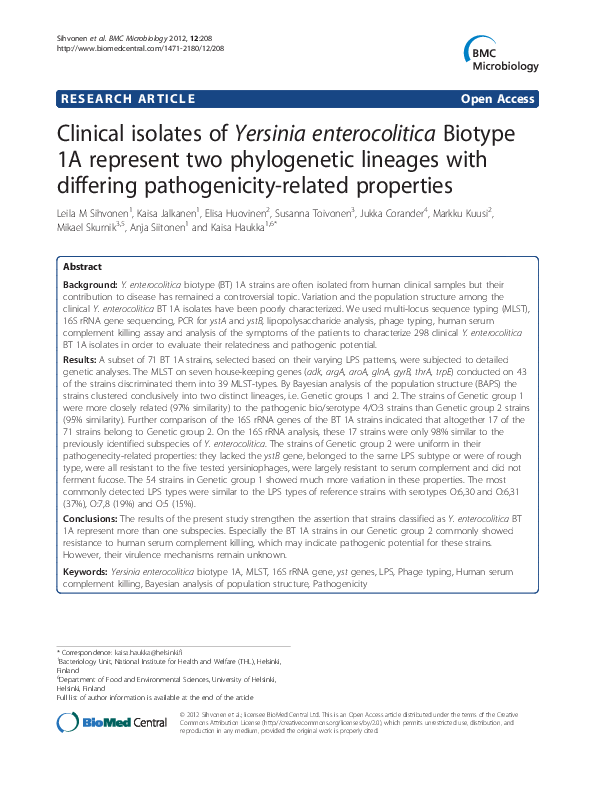 (PDF) Clinical isolates of Yersinia enterocolitica Biotype 1A represent ...