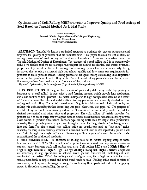 (DOC) Optimization of Cold Rolling Mill Parameter to Improve Quality and Productivity of Steel ...