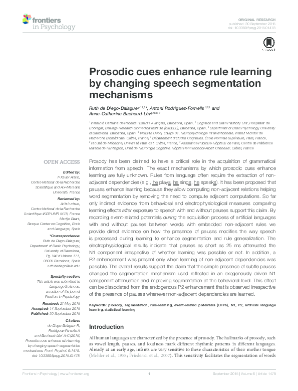(PDF) Prosodic cues enhance rule learning by changing speech segmentation mechanisms