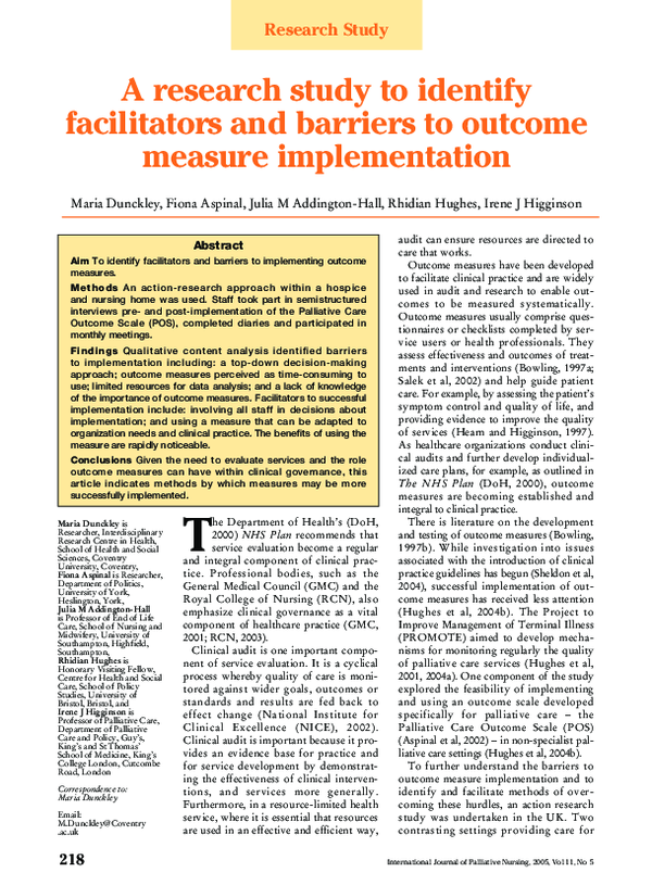 (PDF) A research study to identify facilitators and barriers to outcome ...