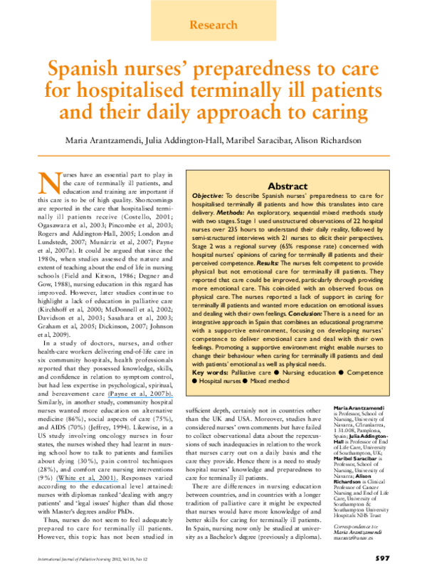 (PDF) Spanish nurses' preparedness to care for hospitalised terminally ...