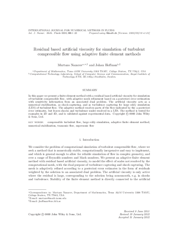 Pdf Residual Based Artificial Viscosity For Simulation Of Turbulent 8459