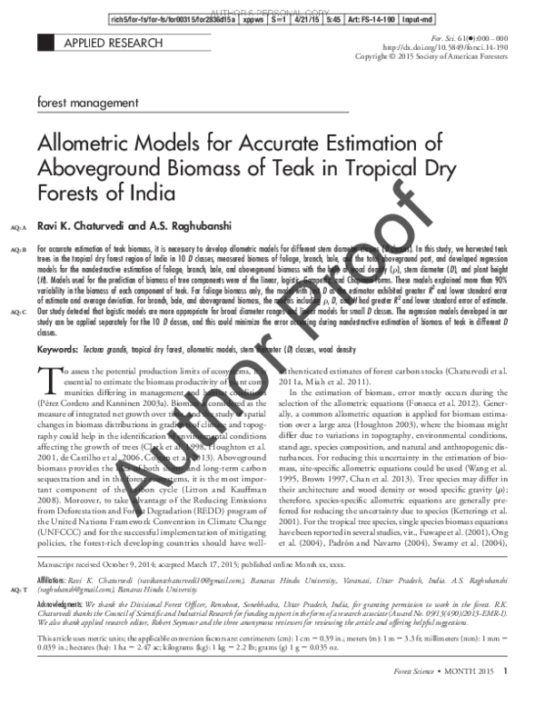 Pdf Allometric Models For Accurate Estimation Of Aboveground Biomass Of Teak In Tropical Dry