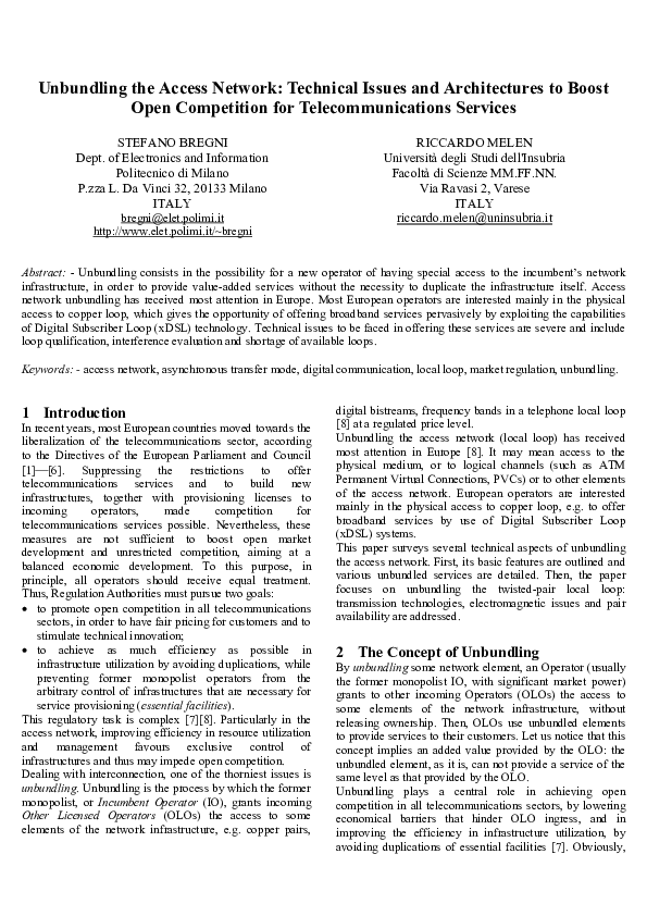 (PDF) Unbundling the Access Network: Technical Issues and Architectures ...