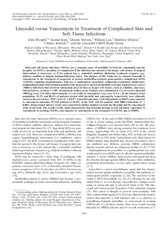 (PDF) Linezolid versus Vancomycin in Treatment of Complicated Skin and Soft Tissue Infections ...