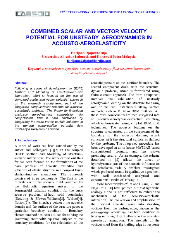 (PDF) COMBINED SCALAR AND VECTOR VELOCITY POTENTIAL FOR UNSTEADY AERODYNAMICS IN ACOUSTO ...